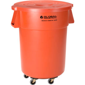 Global Industrial™ Plastic Trash Can with Lid & Dolly - 55 Gallon Oran ...